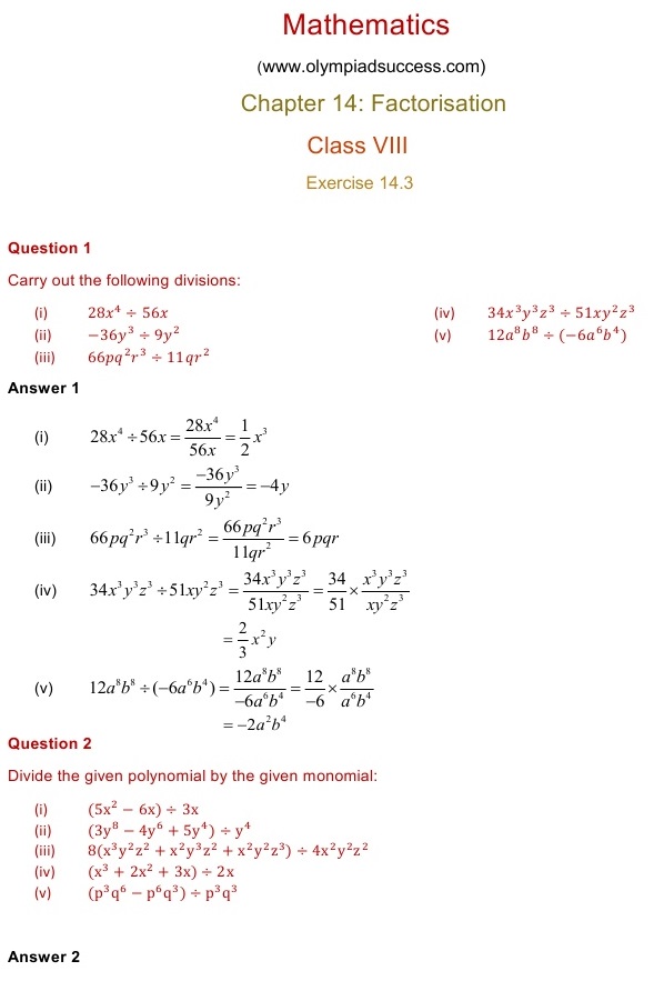 NCERT Solutions For Class 8 Mathematics Chapter 14 Factorization NCERT Solutions For Class 8 Mathematics Chapter 14 Factorization