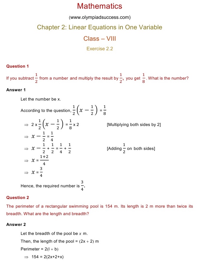 NCERT Solutions For Class 8 Mathematics Chapter 2 Linear Equations In