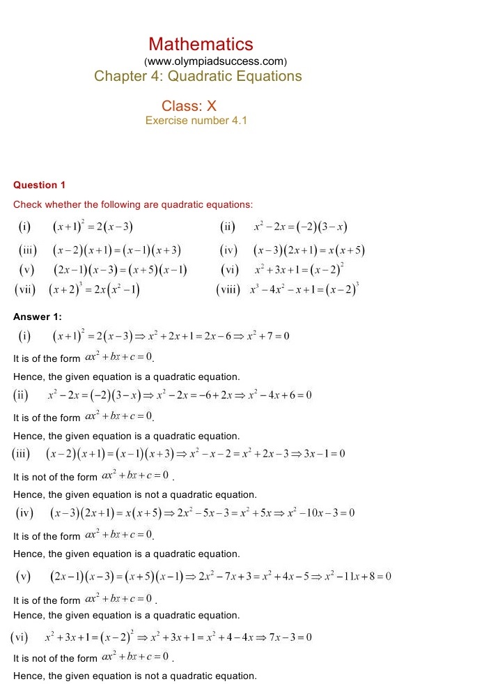 Ncert Solutions For Class 10 Maths Chapter 4 Quadratic Equations
