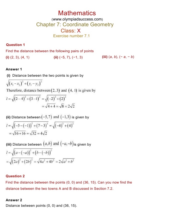 NCERT Solutions For Class 10 Mathematics Chapter 7 Coordinate Geometry 